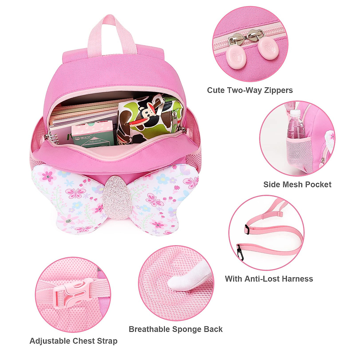 Toddler Backpack with Anti-Lost Harness Kids Backpack School Bag for Baby Girl Boy 1-5 Years(Butterfly)