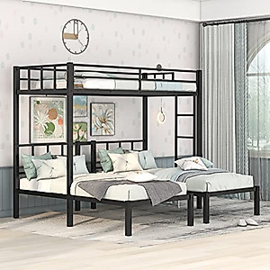 DHHU Triple Twin Bunk Bed, Metal Bunk Bed, Metal Bed Frame, Suitable for Bedroom, Apartment, Dorm, Space-Saving, Black
