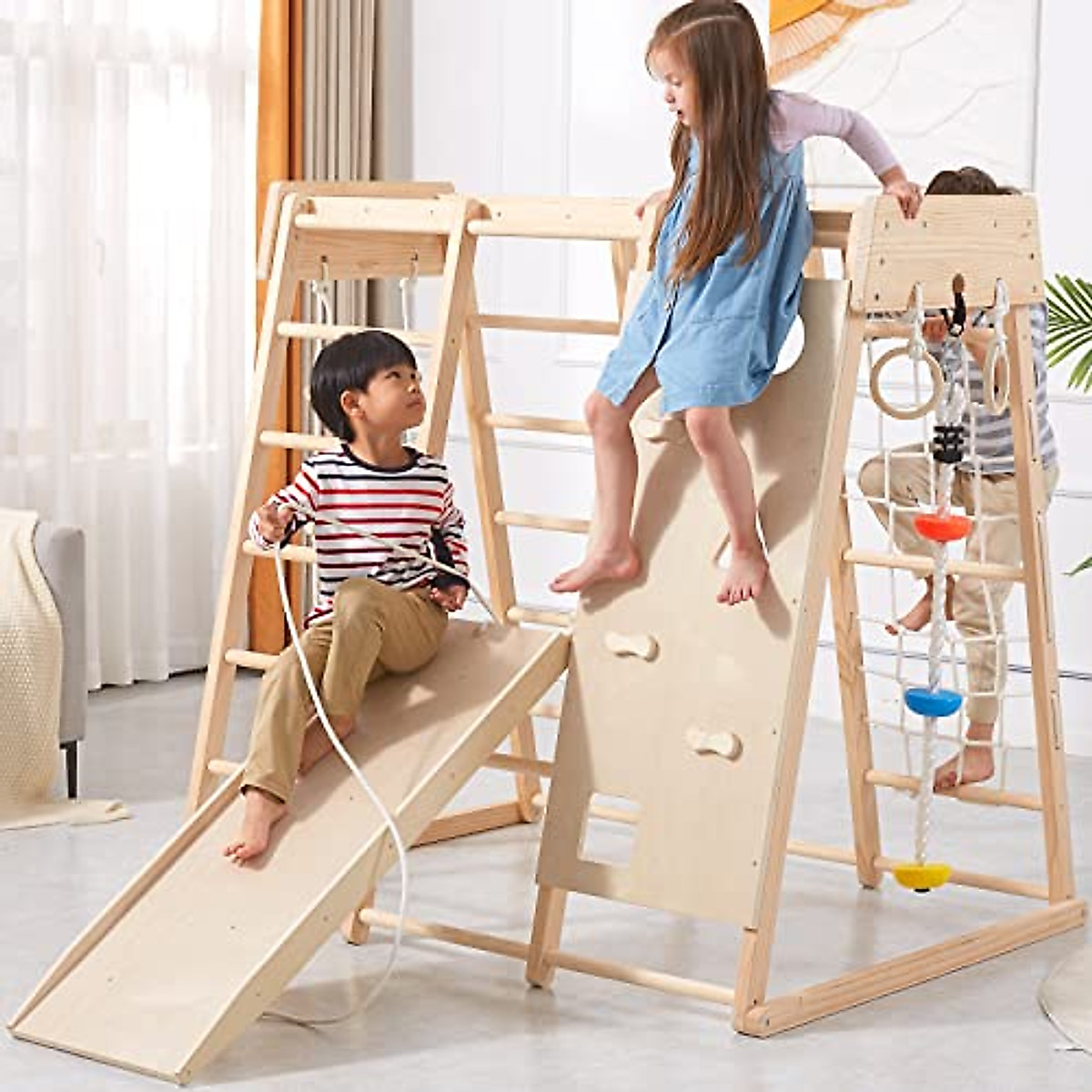 Giant bean Large Size Indoor Playground Jungle Gym for 2-10yrs Kids,Toddlers Climber Toys 9-in-1 with Slide, Rock Climb Wall, Monkey Bars, Wood & Rope Ladder, Climbing Rope & Wall and Gymnastic Ring