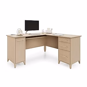 Realspace® Koru 60"W L-Shaped Corner Computer Desk with Integrated Power & Charging, Natural Oak