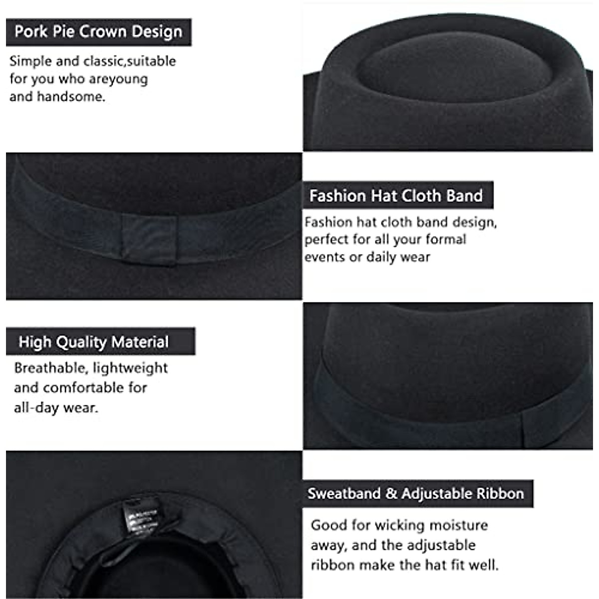 Women Men Classic Felt Fedora Hat Wide Brim Flat Top Boater Hat