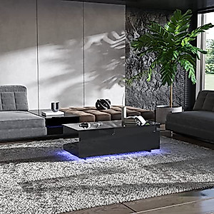 High Gloss Lift Top Table with Led Lights, Led Coffee Table with Storage Shelf and Hidden Compartment for Home Living Room Reception Room Office, Black