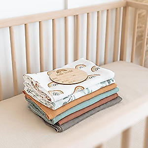 Organic Swaddle Blanket and Hat Set - Baby Receiving Blanket Neutral - Soft Organic Cotton and Bamboo Muslin Swaddle Blanket, Boho Rainbow, Birth Announcement Card, 47" x 47"