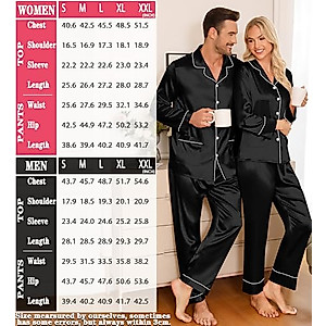 SWOMOG Couple Family Pajamas Matching Sets Women Silk Satin Pjs Set 2 Pcs Long Sleeve Button Down Sleepwear with 2 Pockets, Black Small