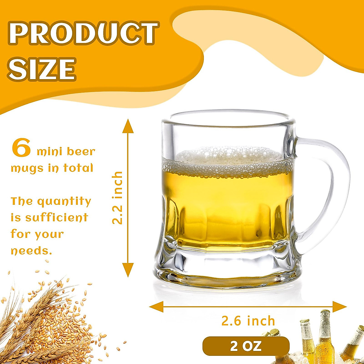 Futtumy 2 OZ Mini Beer Mug Shot Glasses with Handles, Mini Beer Shot Glasses for Party Christmas Birthdy BBQ, Beer Mugs for Freezer Men Women Father Dad Beer Whiskey, Beer Mugs Bulk(6 PCS, Glass)