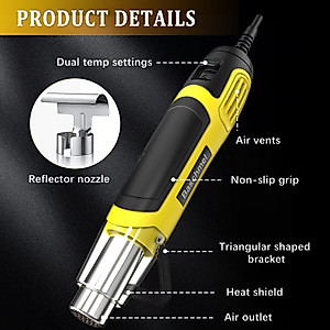Baschmel Mini Heat Gun, 500W 2-Temp 662°F-932°F (350°C-500°C) Fast Heat Hot Air Gun with 5.9Ft Cord & Reflector Nozzle for Crafting, Vinyl Wrap, Embossing, Shrink Tubing/Wrapping, Epoxy Resin