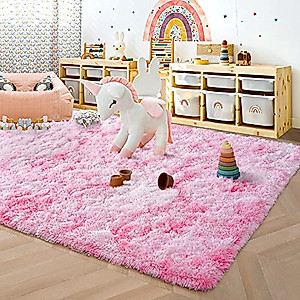 ISEAU Super Soft Rugs for Living Room Shaggy Area Rug, 5x8 Feet Tie-Dye Shaggy Area Rug Fluffy Rugs for Bedroom, Non-Slip Abstract Fuzzy Rugs Dorm Shag Rugs for Girls Boys Kids Room, Tie-Dyed Pink