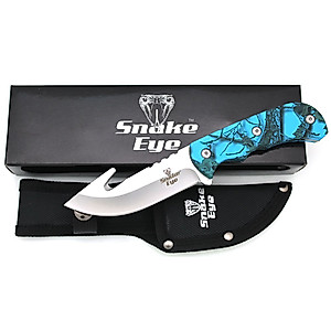 Snake Eye Tactical Skinner Fixed Blade Knife w/Gut Hook Blade 8.5" Overall Camping Hunting Fishing Outdoors (Blue)