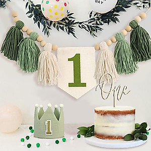 Handmade Boho 1st Birthday Wild One Green High Chair Banner Boho 1st Birthday Hat Decorations for Woodland Party for Girl Baby Shower Green Safari Wall Hangings Decorative for Kids Bedroom