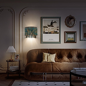 JCPYIUL Boho Wall Sconce, Vintage Art Deco Wall Sconce Indoor, Hardwired Hallway Sconces Wall Lighting for Bedroom Livingroom Entryway(Blue Wood Bead)