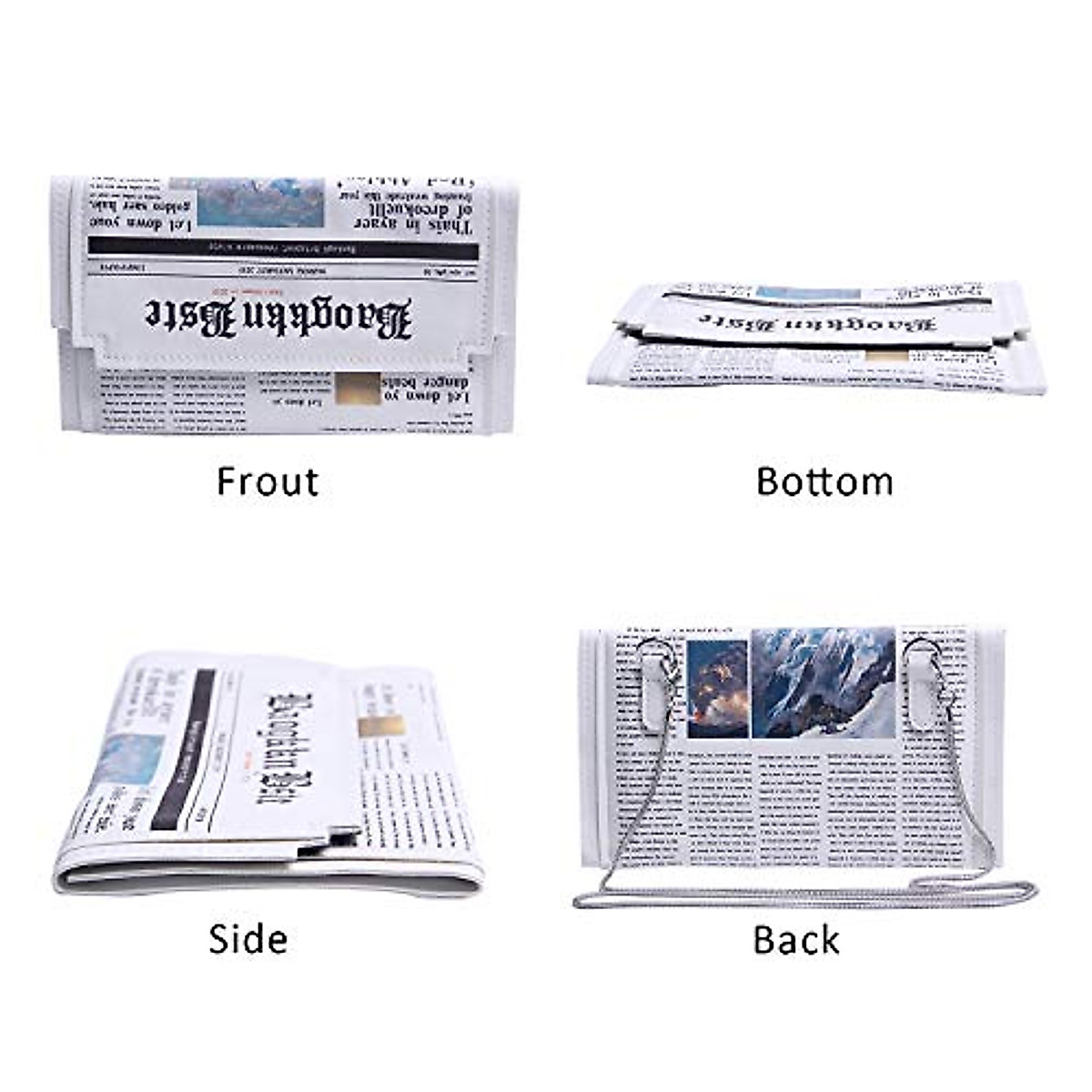 KUANG! Women Novelty Newspaper Evening Handbag Clutch Crossbody Bag Envelope Purse Chain Shoulder Bag for Ladies