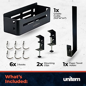 unitem Griddle Caddy for Blackstone 17"/22"/28"/36" Griddles/Prep Cart with Side Shelf, Space Saving for BBQ Grill Accessories Storage Box with Magnetic Strip, Paper Towel Holder & 6 J-Hooks
