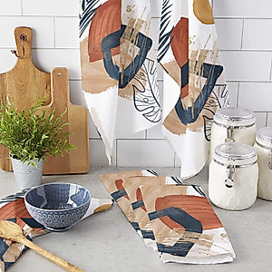 Kitchen Towels Dish Towel Set of 3,Abstract Geometric Mid Century Tropical Leaf Absorbent Hand Towels Cleaning Dishcloth Tea Towels,Terracotta Color Block Minimalist Reusable Drying Dish Cloths