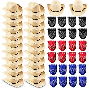 Coume 24 Sets Straw Cowboy Hats and Bandanas - Western Theme Party Costumes and Accessories Bulk Pack for Adults and Men