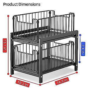 Lxmons 2 Tier Basket Drawer Organizer, Pull Out Under Sink Cabinets , Metal Home Organizer Shelf for Bathroom or Kitchen, Sliding Countertop or Pantry Storage shelf, Large Black