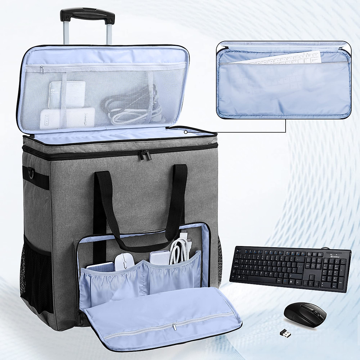 CURMIO PC Carrying Case on Wheels, Desktop Travel Bag with Detachable Trolley for PC Tower, Keyboard and Mouse, Gray (Bag Only, Patented Design)