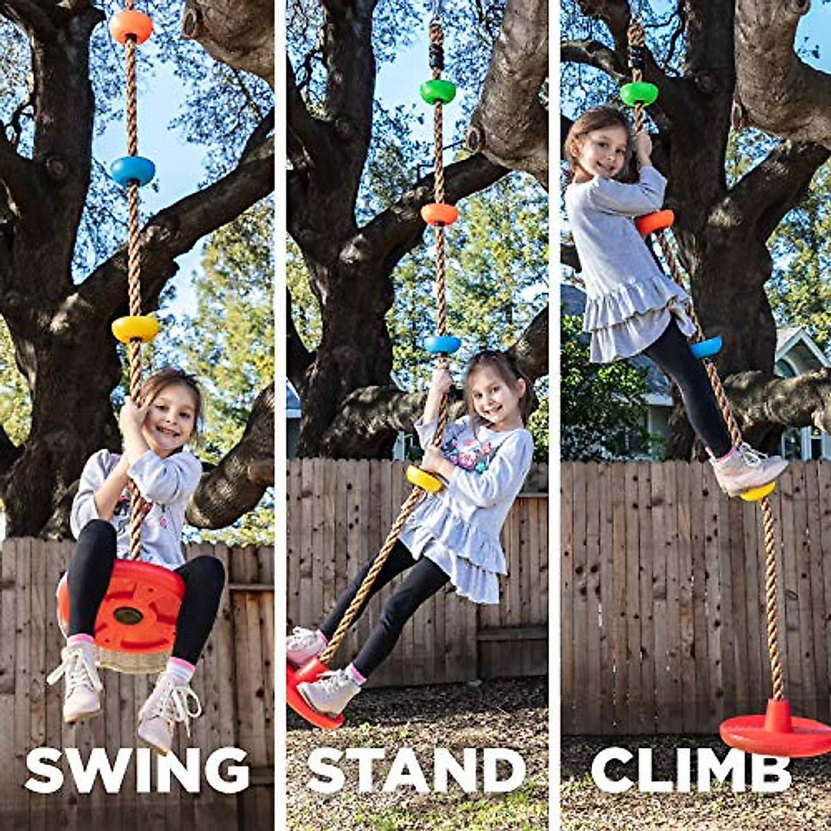 LAEGENDARY Tree Swing for Kids - Single Disk Outdoor Climbing Rope w/Platforms, Carabiner & 4 Ft Tree Strap - Playground Accessories - Multicolored