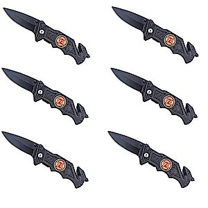Barton Outdoor 6.25 Inch Fire Fighter Folding Survival Knife with Inlay Fire Fighter Emblem, 6 Pack