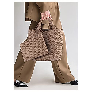 Designer Woven Tote Bag + Purse Women Neoprene Tote Handbag Fashion Large Shoulder Top-Handle Travel Bag Underarm Shopper Bag (Apricot)
