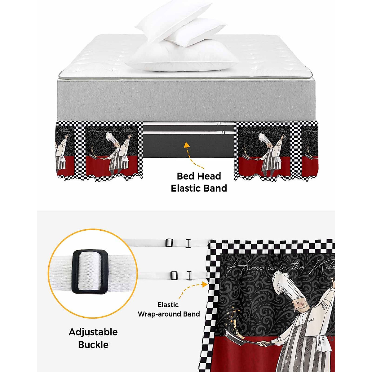 Retro Ches Bed Skirt King Size 16 Inch Drop, Adjustable & Elastic Wrap Around Bed Skirts Pleated Luxury Dust Ruffles for Twin Full Queen Cal King Base Bed, Black White Checkered Flowers Red