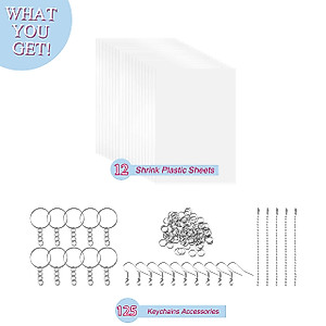 Warckon 137 Pieces Shrink Plastic Sheet Kit Include 12 PCS Shrinky Art Paper with 125 PCS Keychains Accessories for Kids Creative Craft