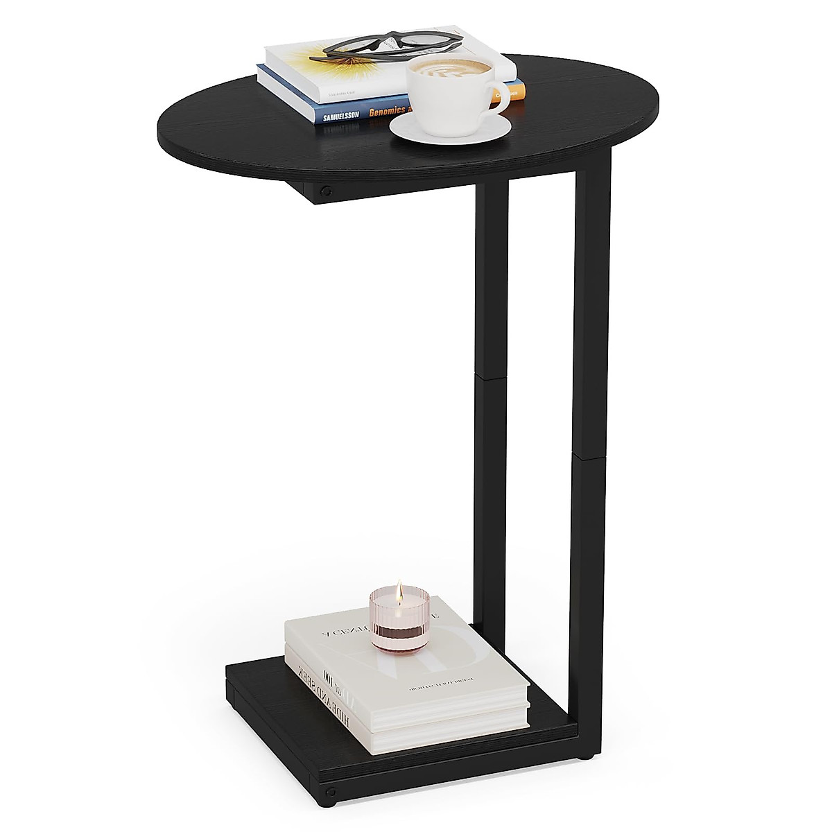 Hosfais Small Side Table End Table, C-Shaped Wood Coffee Table TV Tray for Eating Couch Tables for Small Space, Living Room, (Black)