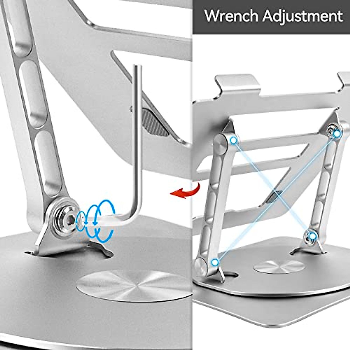 Bcom Adjustable Laptop Stand with 360° Rotating Base，Foldable Aluminum Alloy Computer Laptop Riser，Ergonomic Design，Compatible with 10 to 17" Laptops，Laptop Stand for Desk for Office and Home，Silver