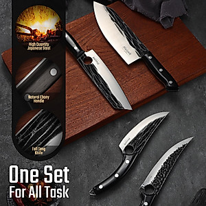 Huusk Knives Set, Serbian Chef Knife Set with Bag, Japanese Kitchen Knife Set, Hand Forged High Carbon Steel Knife Set, Full Tang Knife Set with Ebony Handle, Butcher Knife Set for Dad, Ideal Gif