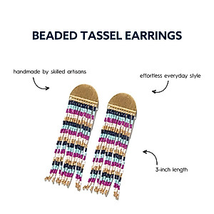 INK + ALLOY Women's Riley 3-Inch Brass Half Circle with Stripes Long Fringe Beaded Boho Earrings Handmade Jewelry for the Modern Bohemian (Navy Magenta)