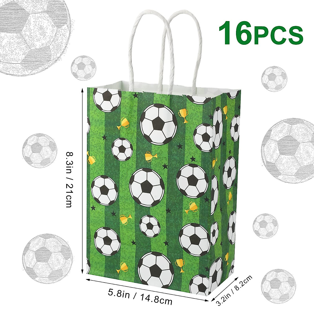 16pcs Soccer Party Favor Paper Bags, Green Football Gift Bag Football Themed Party Bags with Handles Soccer Goodie Bags Treat Candy Bags for Kids Adults Soccer Party Supplies