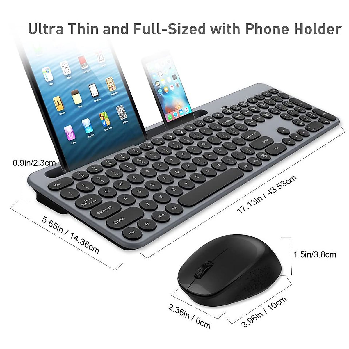 LeadsaiL Wireless Keyboard and Mouse Combo, Full-Sized Ergonomic Computer Keyboard with Phone Tablet Holder, 2.4GHz Silent Cordless Keyboard Mouse Set for Windows Laptop, PC, Desktop - Grey