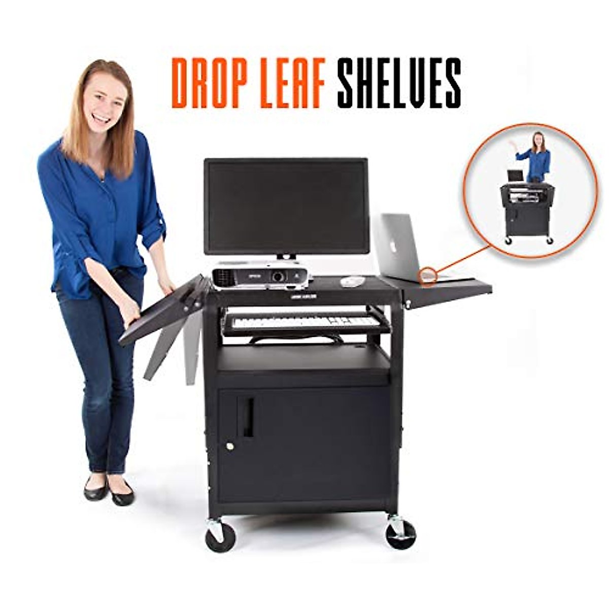Line Leader AV Cart with Locking Cabinet and Drop Leaves | Height Adjustable Utility Cart with Extra Storage | Power Strip and Cord Management | Great for Presentations (Black / 46 x 18)