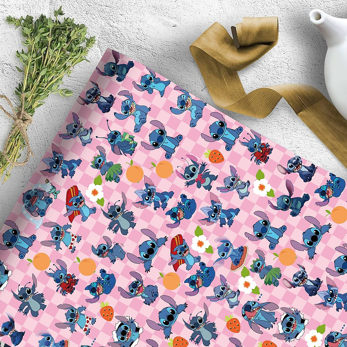 EYQQM Pack of 5 Stitch Gift Wrapping Paper 51x75cm Kraft Paper Gift Wrap Pack for Kids Birthday, Party Storage Festive Decoration (Pink)