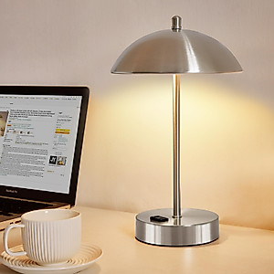 Modern Desk Lamp with AC Adapter,12" 3-Way Dimmable Touch Bedside Reading Lamp, Minimalist Silver Small Nightstand Table Lamp with Mushroom Dome Shade for Bedroom Living Room Office, LED Bulb Included