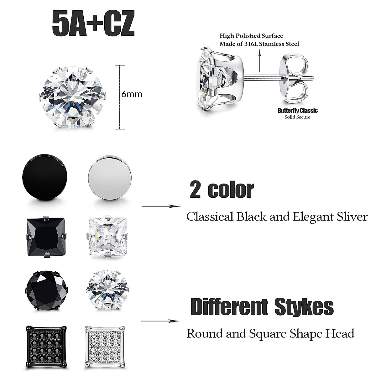LOYALLOOK Stainless Steel Black Stud Earrings Silver Cubic Ziconia Stud Earrings Sets Tunnel Earring Ball Studs for Women Men 16 Pairs 6MM