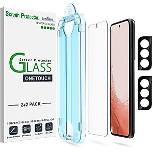 amFilm OneTouch Screen Protector for Samsung Galaxy S22 Plus 6.6 inch, Samsung Galaxy S22 + 6.6 inch, 9H Hardness with Camera Lens Protector, Bubble Free, Tempered Glass, 2 Pack