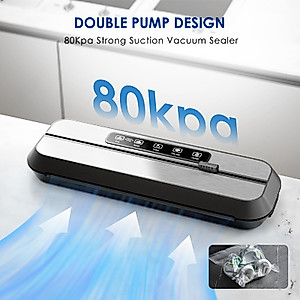 MAXDONE Vacuum Sealer Machine 80Kpa Food Vacuum Sealer for Food Storage Food Sealer Machine 5-in-1 for Dry/Moist Modes Built-in Cutter, 10 Vacuum Sealer Bags & 1 Roller Bag & 1 Air Suction Hose