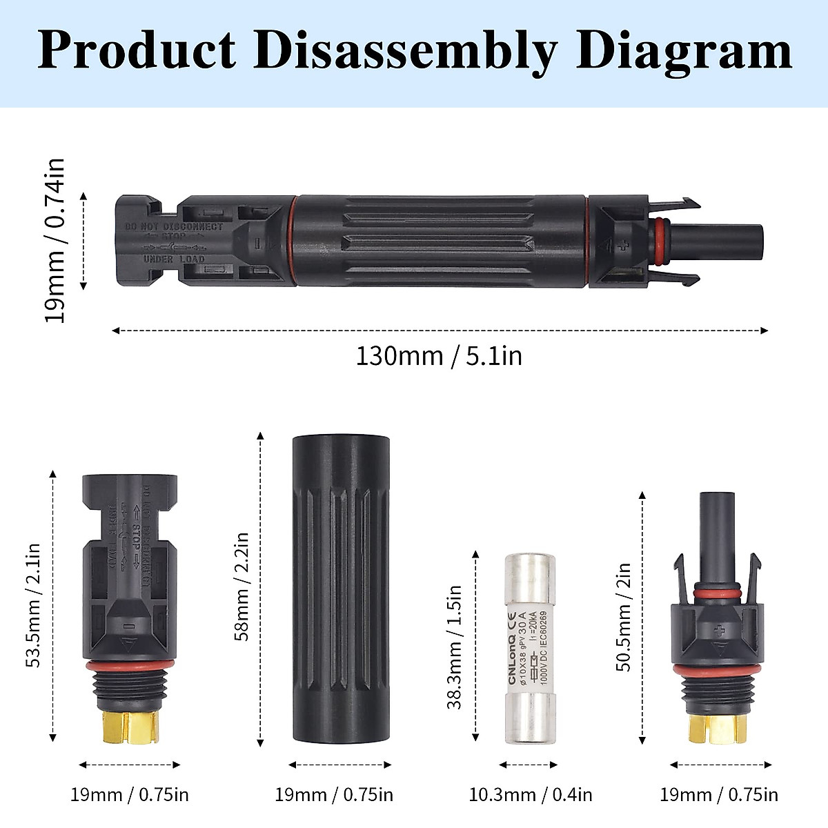 Poyiccot 30A Solar Inline Fuse Holder Connector, 1000V DC Waterproof in-line Fuse Holder, Solar Fuse Connector for Solar Panel and Solar Controller, with 10X38mm Fuse, 1pcs