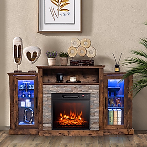 GOFLAME Fireplace TV Stand with LED Lights for TV up to 65”, Entertainment Center with 18” Electric Fireplace, Remote & APP Control, TV Console with Adjustable Glass Shelves (Brown)