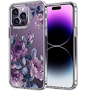 bicol Hybrid iPhone 14 Pro Case Clear Fashion Designs Phone Cover for Women Girls, Stylish Slim Shockproof Hard PC+TPU Bumper Flower Protective Phone Case for iPhone 14 Pro 6.1 inch Purple Flowers