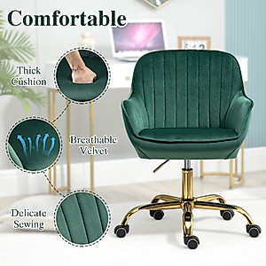NORDICANA 360° Home Office Chair Ergonomic Task Chair, Swivel Desk Chair, Upholstered Velvet Computer Chair, Gold Metal Base, Dark Green