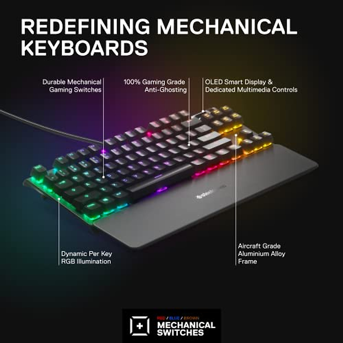 SteelSeries Apex 7 TKL Compact Mechanical Gaming Keyboard – OLED Smart Display – USB Passthrough and Media Controls – Tactile and Quiet – RGB Backlit (Brown Switch)