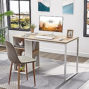 Computer Desk with Storage Shelves 47” White Office Desk with Drawers Small Kids Writing Desk Student Study Table Modern Wood Pc Laptop Gaming Desk for Home Work, Splicing Oak with Metal Legs