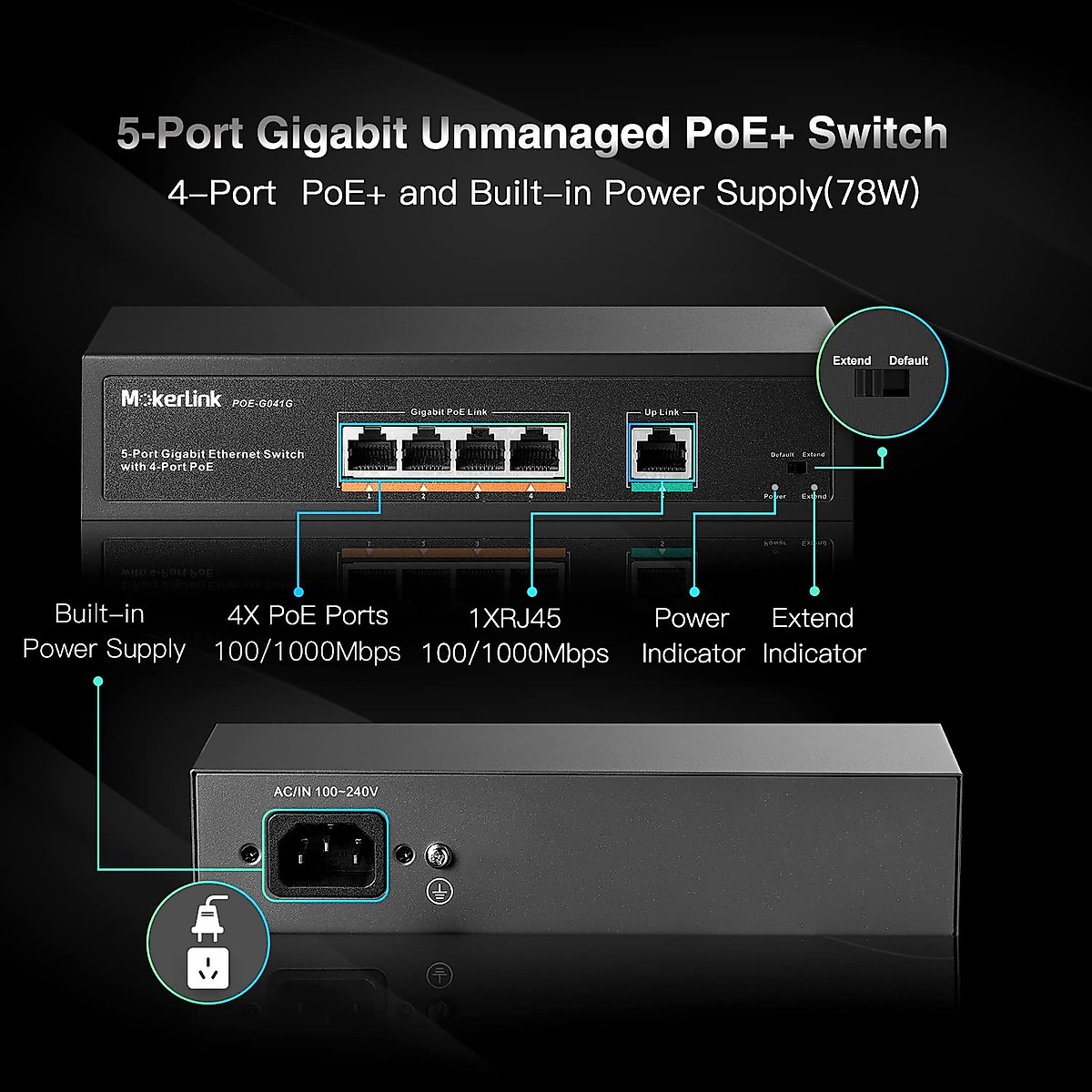MokerLink 5 Port Gigabit POE Switch, with 4 POE+ Ports 1000Mbps, 78W IEEE802.3af/at, Unmanaged Plug and Play, Sturdy Metal Fanless