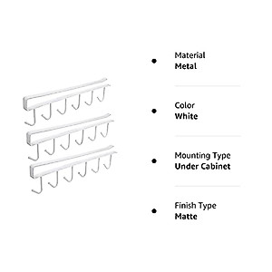 Fusiontec Cup Holder Hanger Under Cabinet - Mug Hook Hanger Under Shelf - 3pcs x 6 Hook Coffee Cup Mug Holder Hanger for Kitchen - Fit for 0.8 Inch Thickness Shelf or LessˆWhite‰
