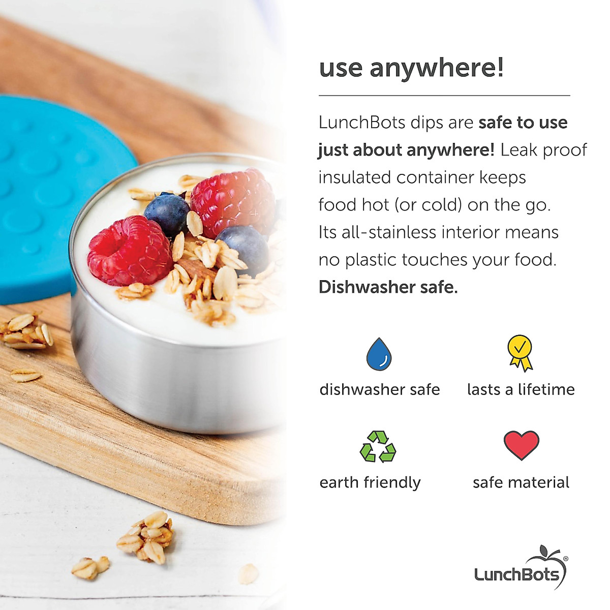 LunchBots 4.5 oz Stainless Steel Dressing Container for Condiments, Dips, Snacks, Dipping Sauce Cups with Silicone Lid, Fits in Lunch Bags and Bento Boxes - Set of 2 (Blue)