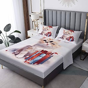 Christmas Cat Sheets Full Size Sheet Sets - Cute Kitten Bed Sheets, Soft Microfiber & Deep Pocket & Wrinkle Free Patterned Bedding Sheets & Pillowcases, 1 Fitted Sheet, 1 Flat Sheet, 2 Pillow Cases