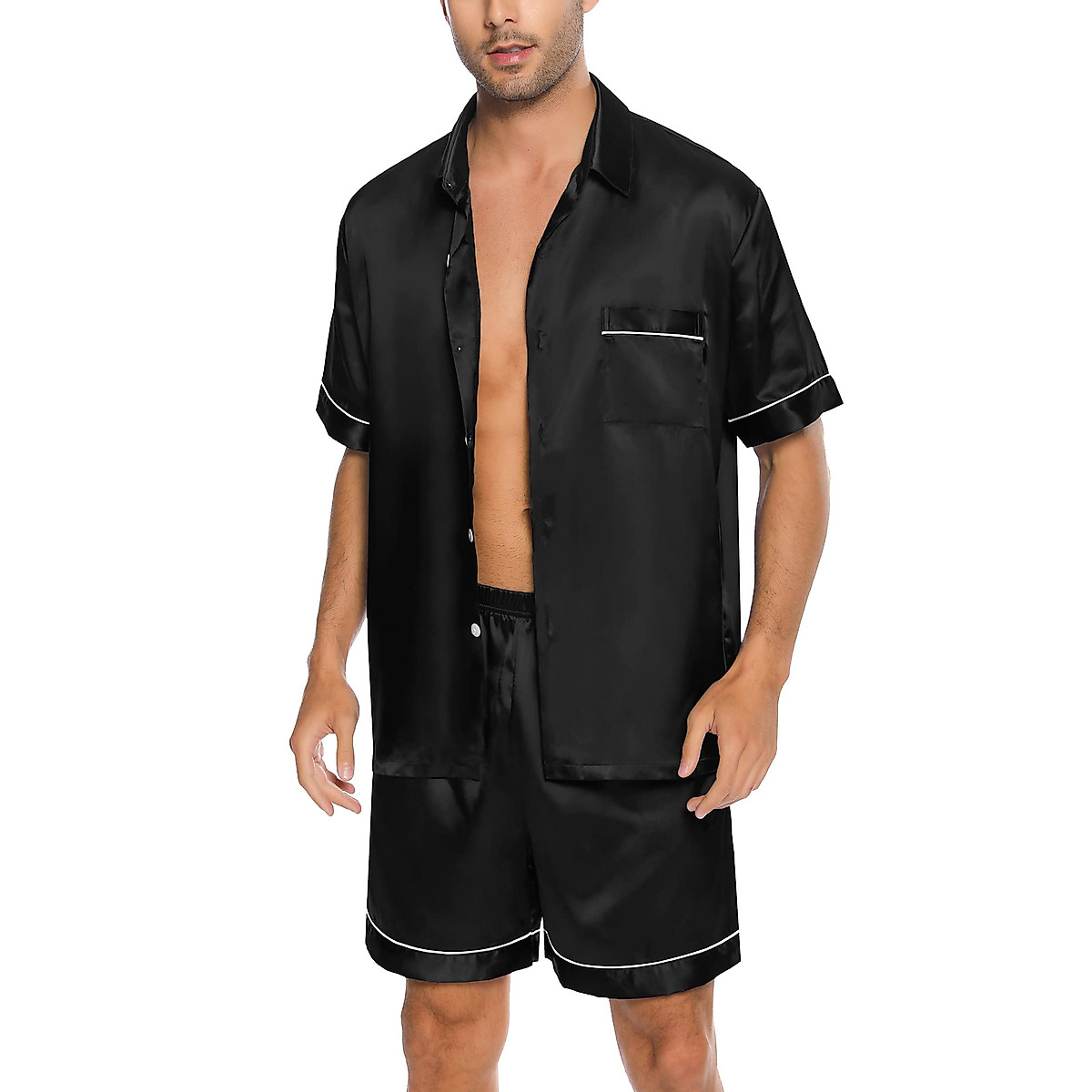SWOMOG Men Silk Satin Pajamas Set Button Down Sleepwear Short Sleeve Pjs Set Soft 2 Piece Lounge Set Nightwear with Pockets Black Medium