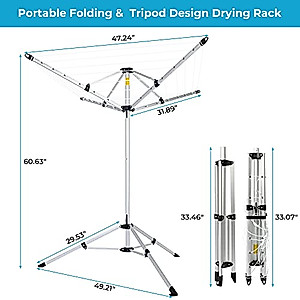 Drying Natural Clothes Airer Outdoor Portable 4-arm Aluminum Drying Rack w/Ground Stake, Carry Bag, 28-Lines with 65 ft. Umbrella Clothesline