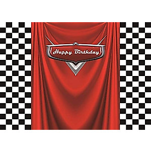 7x5ft Car Black White Grid Red Birthday Themed Backdrops Racing Flag Red Photo Backgrounds for Photography Happy Birthday Party Banner Photo Booth Props GYA